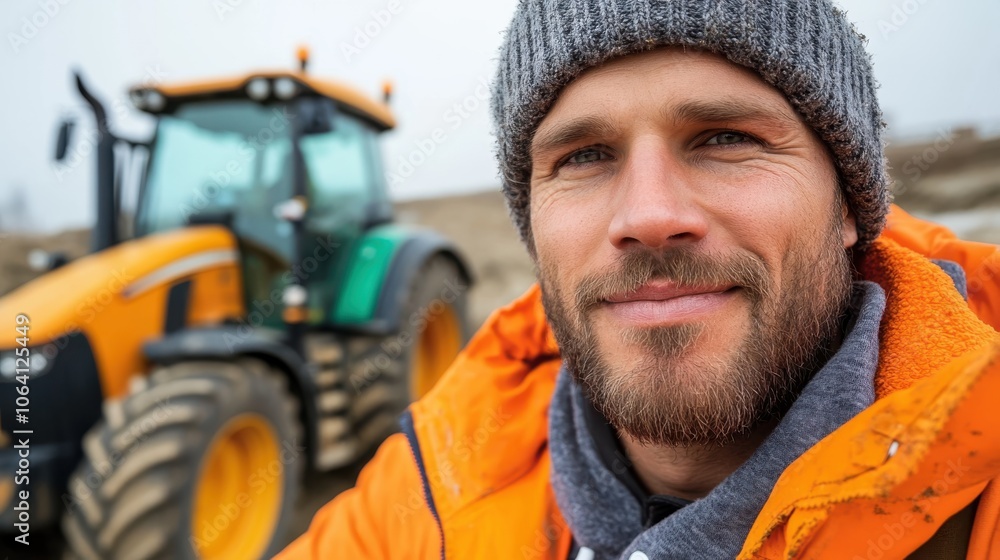 A content construction worker wearing winter gear and standing near a ...