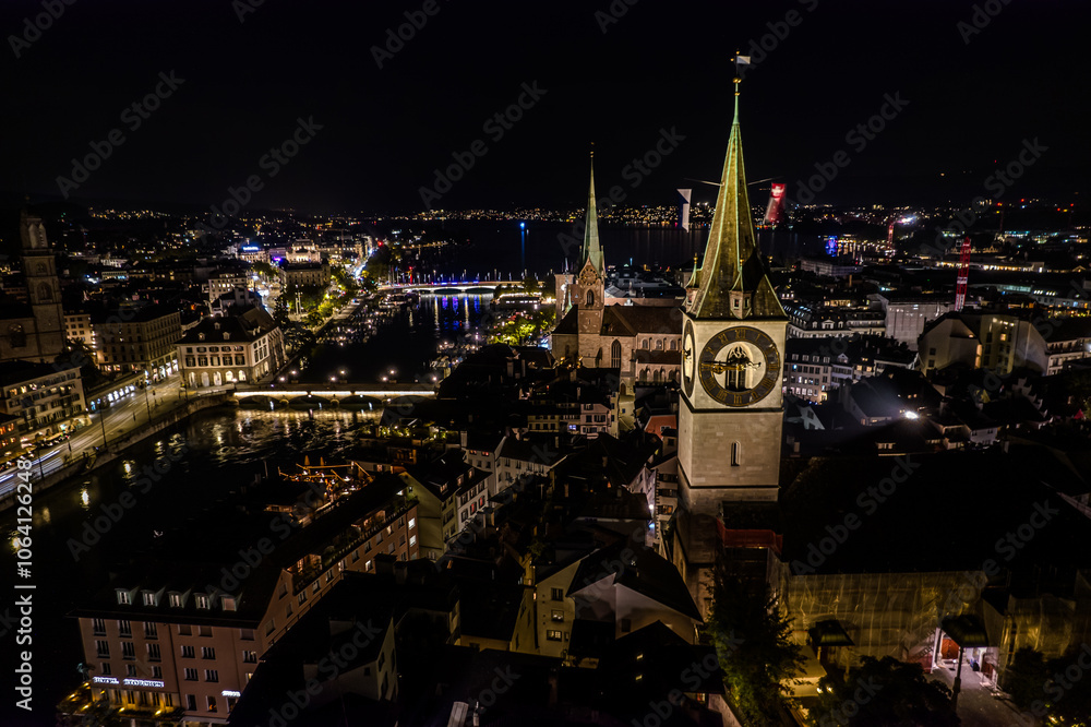 Beautiful aerial view of the city of Zurich in Switzerland at night ...
