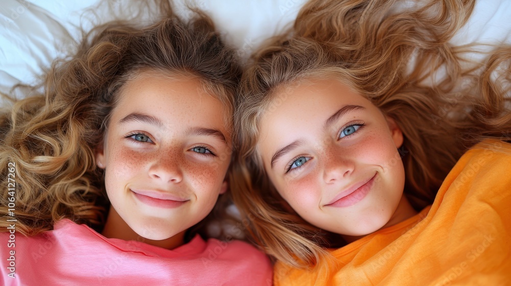 Two girls lie side by side with big smiles on their faces, showcasing ...