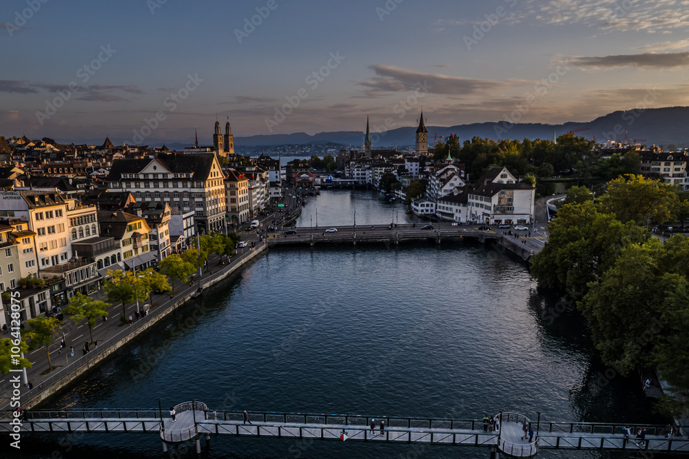 Beautiful aerial view of the city of Zurich in Switzerland - the Limmat ...