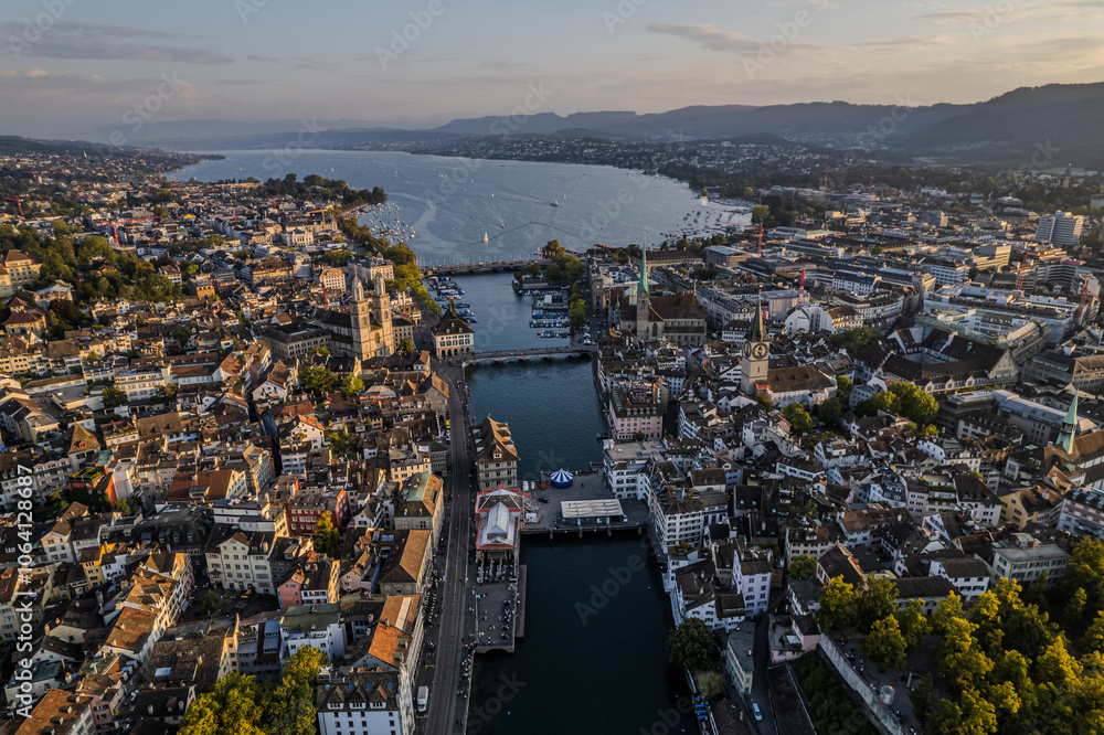 Beautiful aerial view of the city of Zurich in Switzerland - the Limmat ...