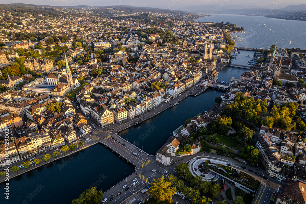 Beautiful aerial view of the city of Zurich in Switzerland - the Limmat ...