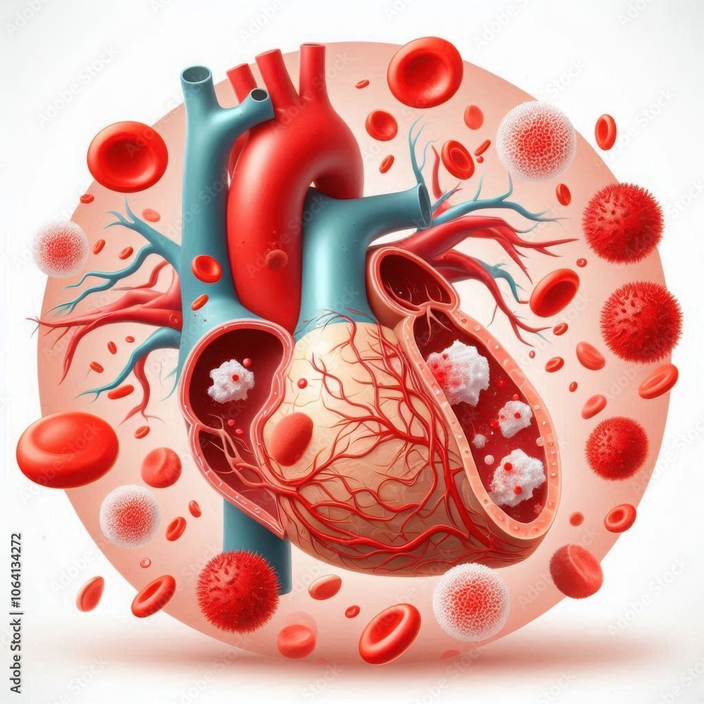 Anatomical illustration of the human heart showing blood flow and ...