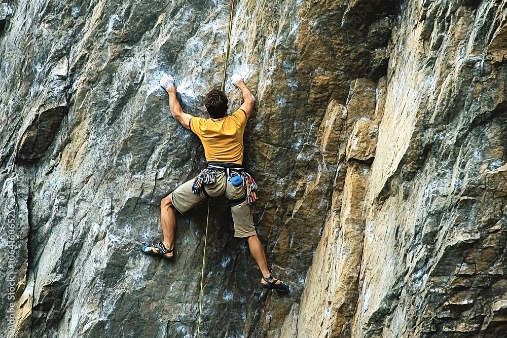 Climber is scaling a steep rock face, using specialized climbing shoes ...