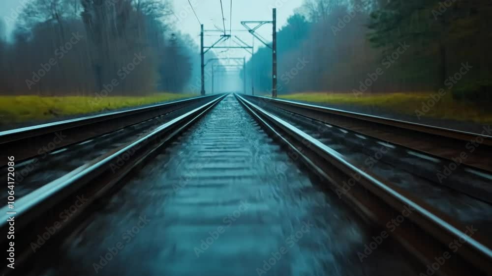 Train POV railway track. Railway tracks, rails in motion, close up ...