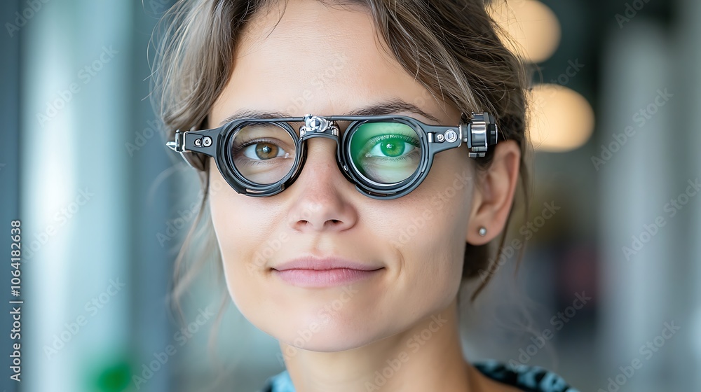 Doctor of optometry performing a vision test on a middle aged woman by ...