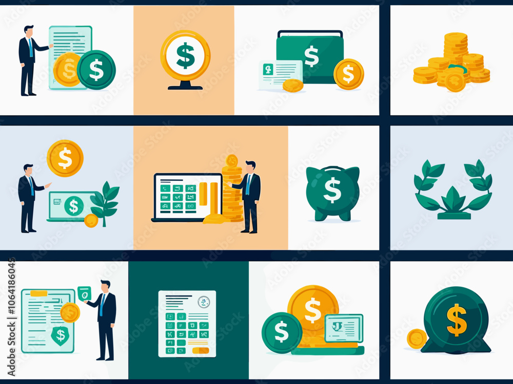 Financial service icon collection set. Containing bank, advisor, money ...
