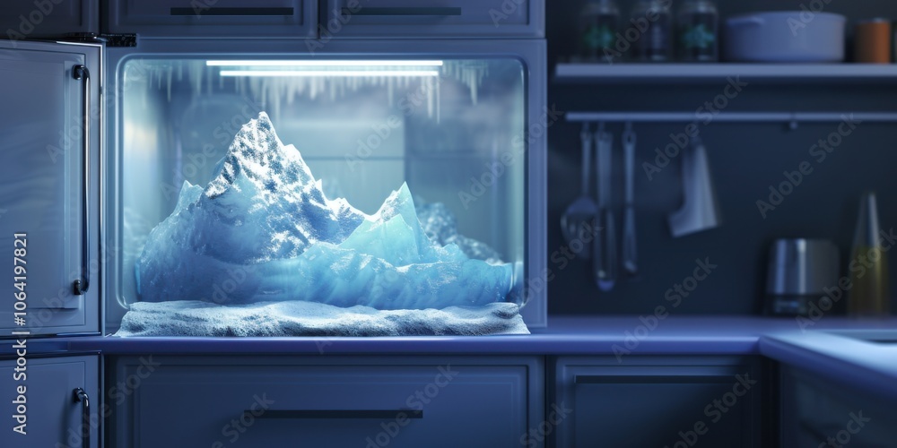 Miniature iceberg model in a modern kitchen, intricate details ...