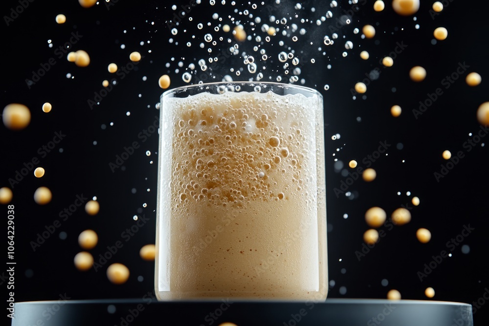Detailed shot of a thick, creamy milkshake blending in a glass ...