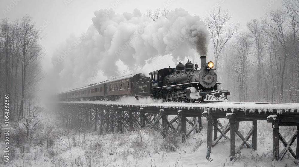 A steam locomotive train travels over a wooden trestle bridge in a ...