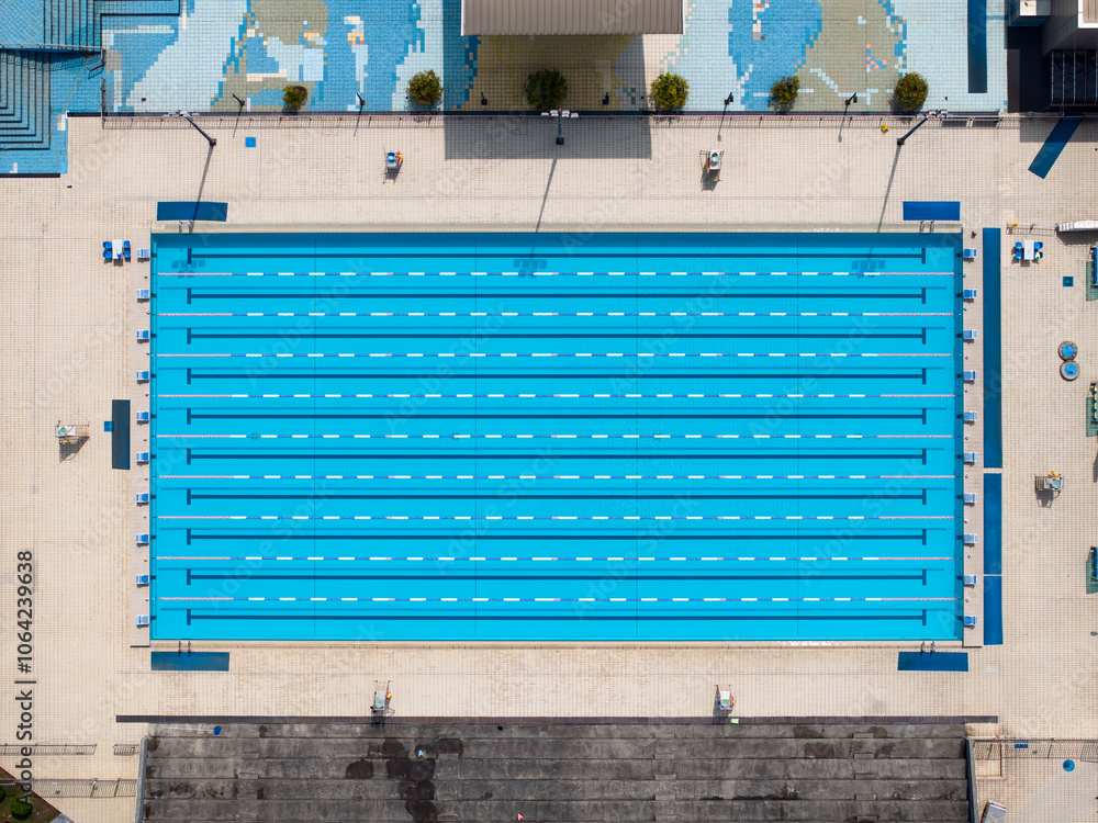 Aerial view of swimming pool with marked lanes and swimmers. Stock ...