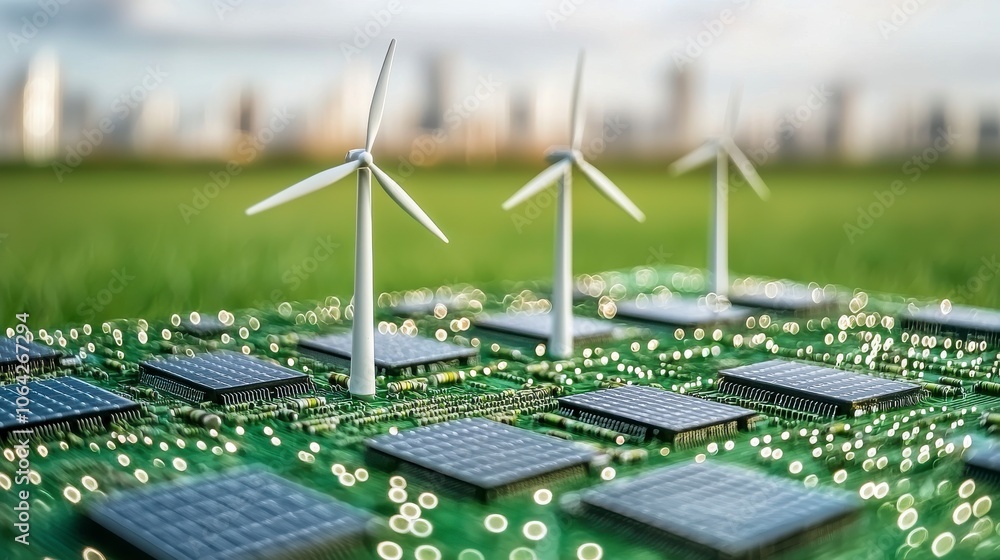 Green Tech Future, wind turbines blend with circuitry, symbolizes ...