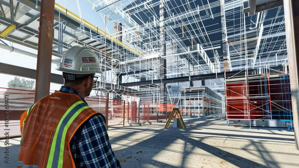 Construction Site Supervisor with BIM Overlay: A construction worker wearing a safety helmet and ...