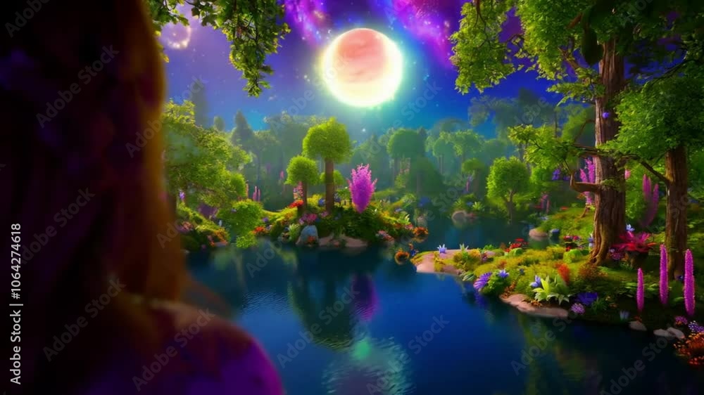 Magical lake nestled in a fantasy forest with a mesmerizing fantasy ...