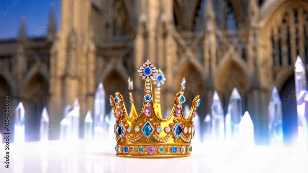 A gold royal king queen coronation crown with jewels and diamonds ...