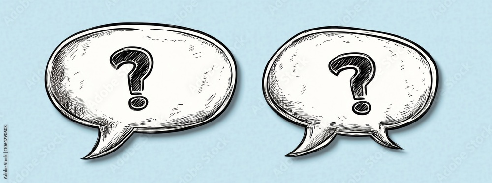 Two white speech bubbles with black rounded corners and large question ...
