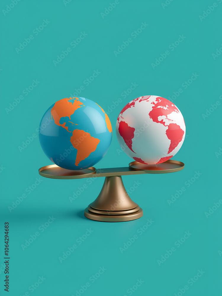 3D illustration of two spheres balanced on a scale symbolizing balance ...