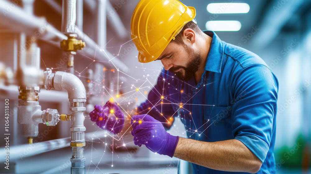 skilled plumber wearing yellow hard hat and gloves works on pipes ...