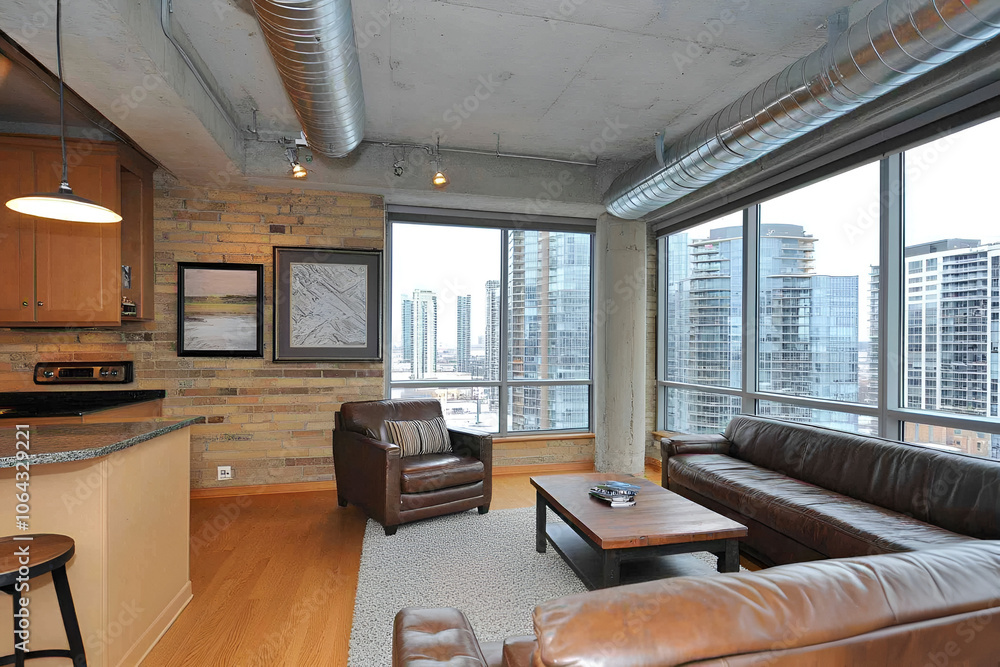 Spacious loft apartment with exposed ductwork, large windows offering ...