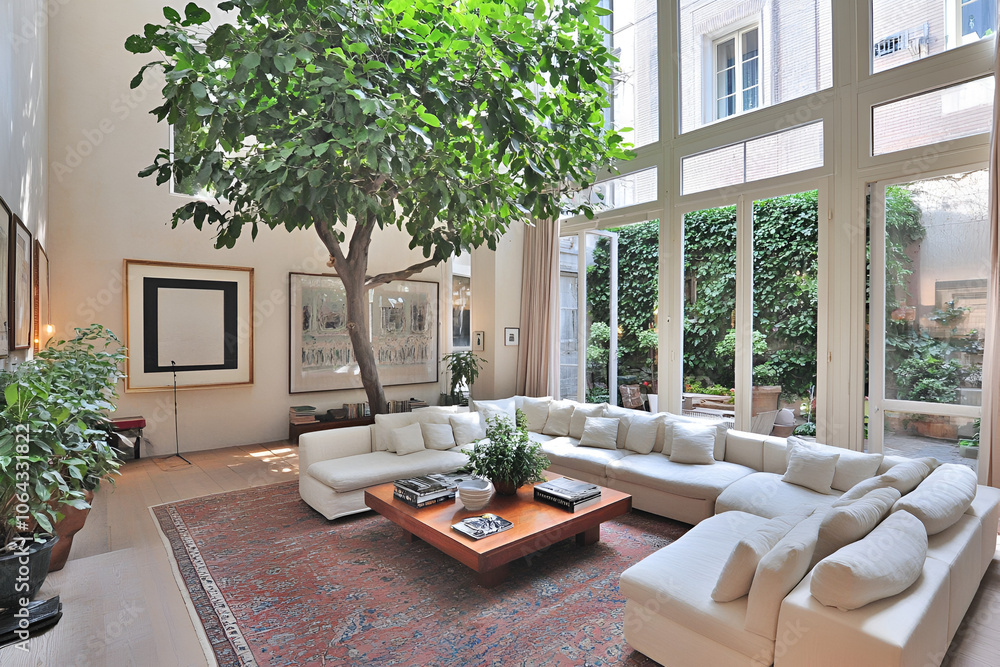 Spacious Living Room with Indoor Tree and Modern Decor - Bright and ...