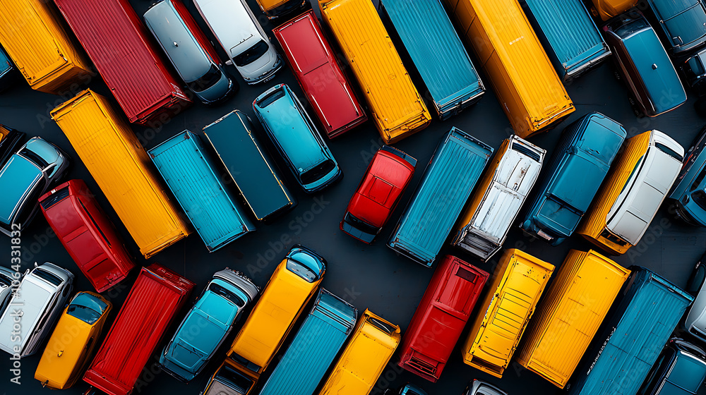 Transport trucks form organized patterns in vibrant colors for ...