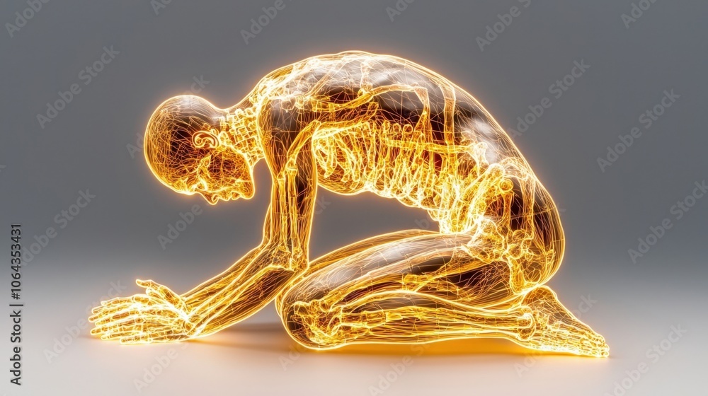 A human figure is depicted in a crouched posture, with intricate ...