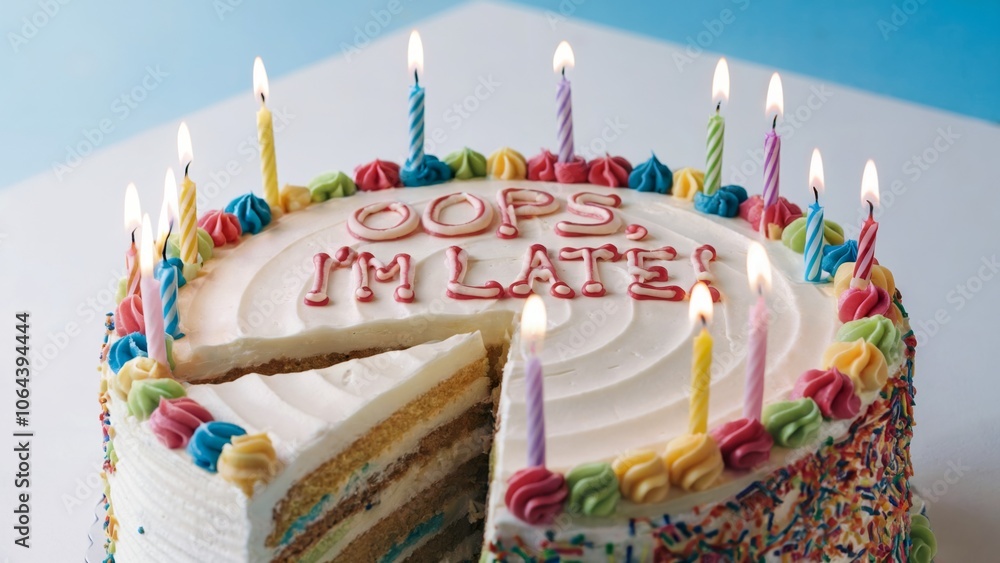 Funny birthday cake with "Oops, I'm Late!" written in frosting and missing slice. Whimsical ...