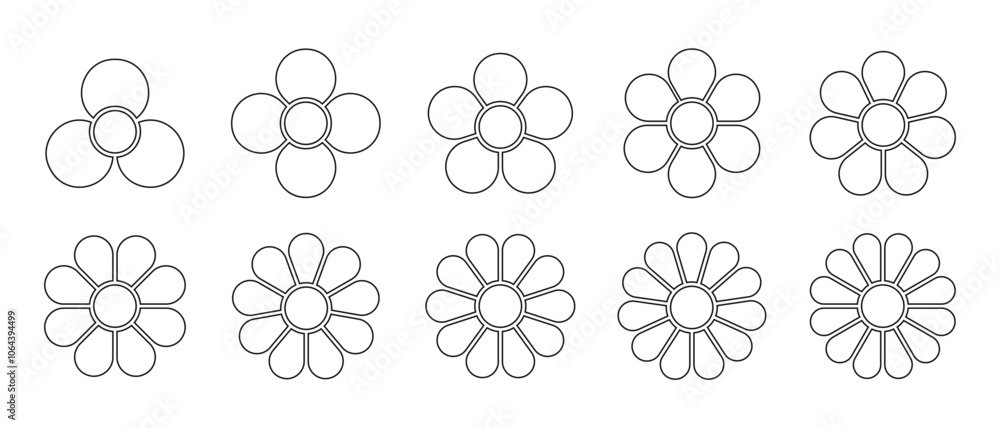 Set of flower diagrams with cores and petals. Pie charts divided on ...