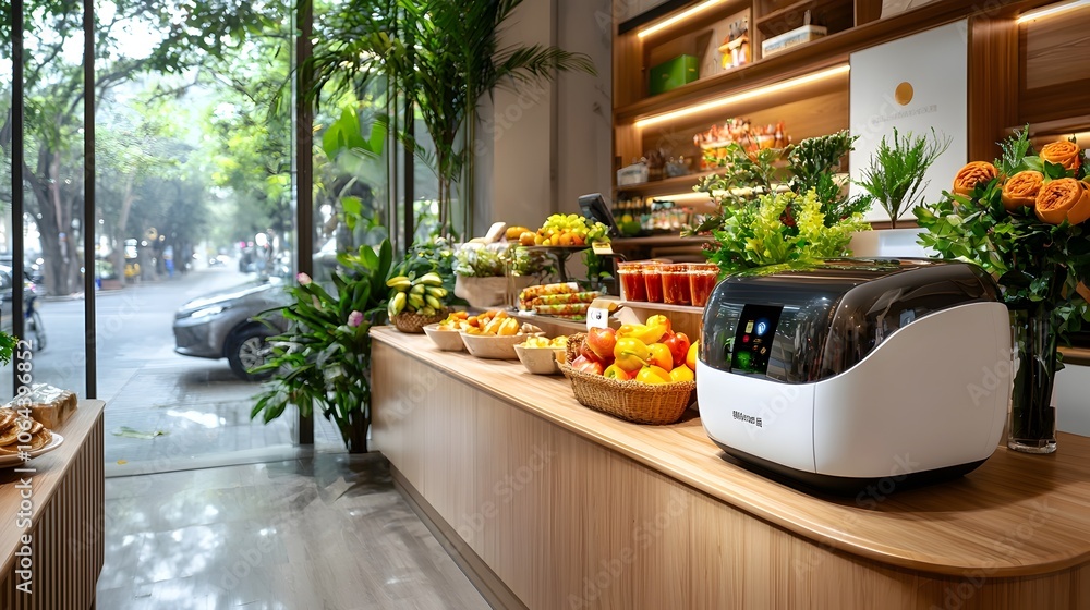 Sleek and modern retail store interior featuring automated checkout ...