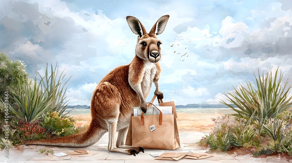 Whimsical of a kangaroo acting as a mail carrier carrying a bag full of ...
