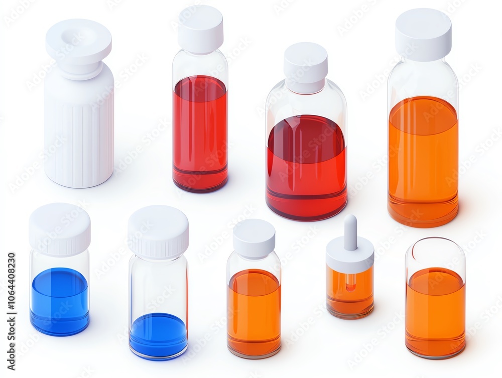A collection of various glass vials filled with colorful liquids in red ...
