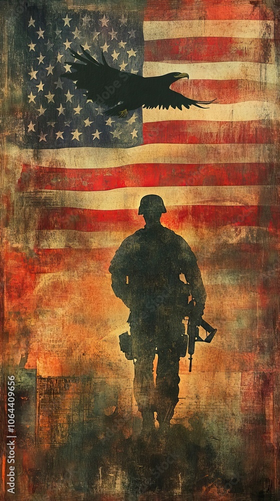 Patriotic collage with American flag, eagle, and soldier silhouette ...