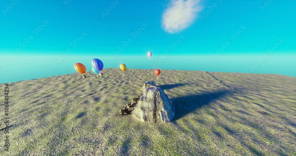 Hot air balloonns flying over idyllic ruined land with colossal pyramid of the sun and moon in ...