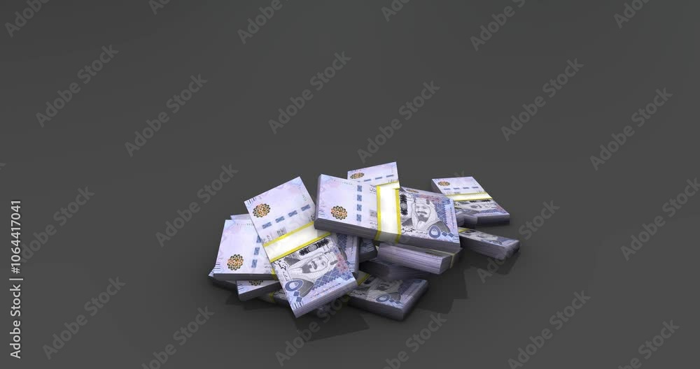 Saudi arabian riyal bank note Falling droop on floor black backround ...