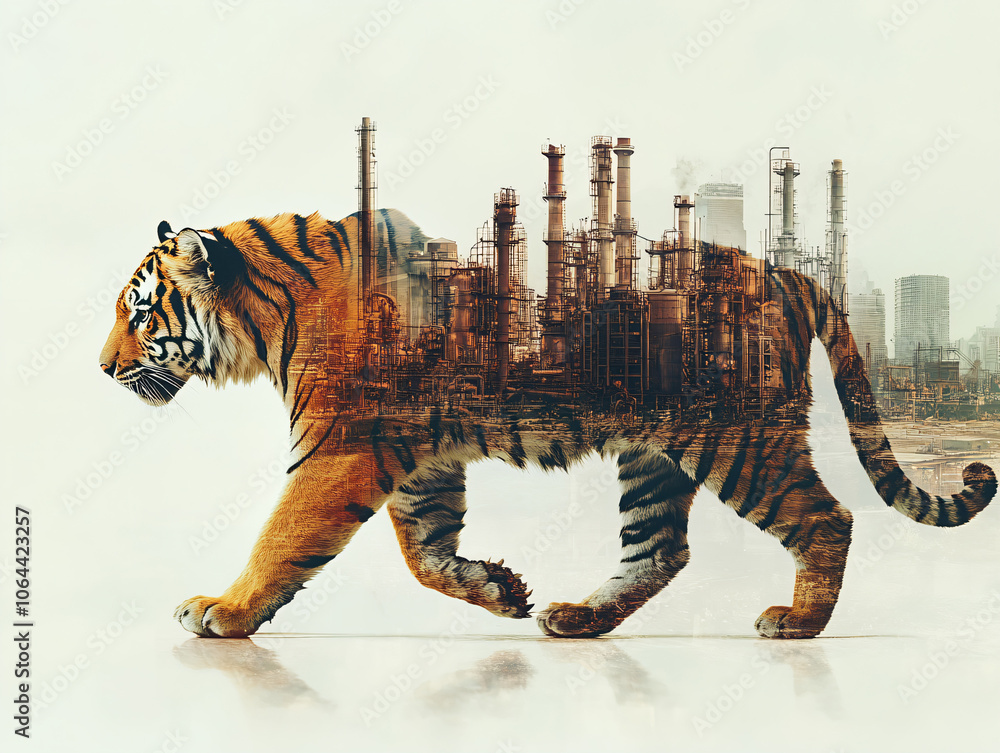 double exposure effect of tiger walking and Industrial plant. Pollution ...