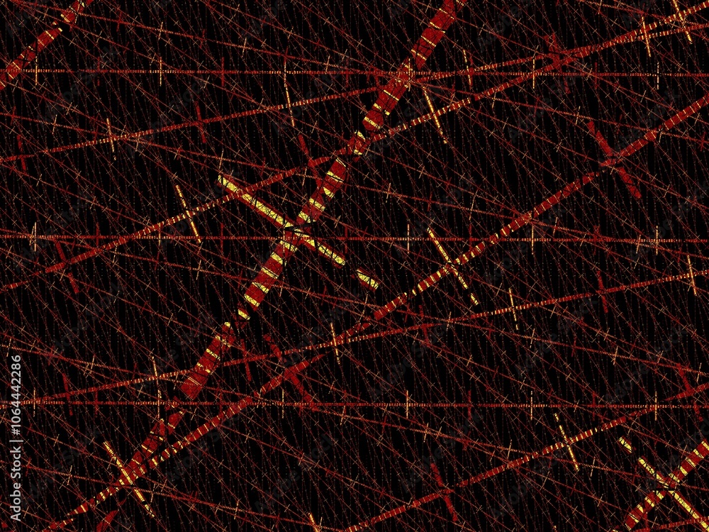 Poster a repeating pattern of red and yellow lines on a black ...