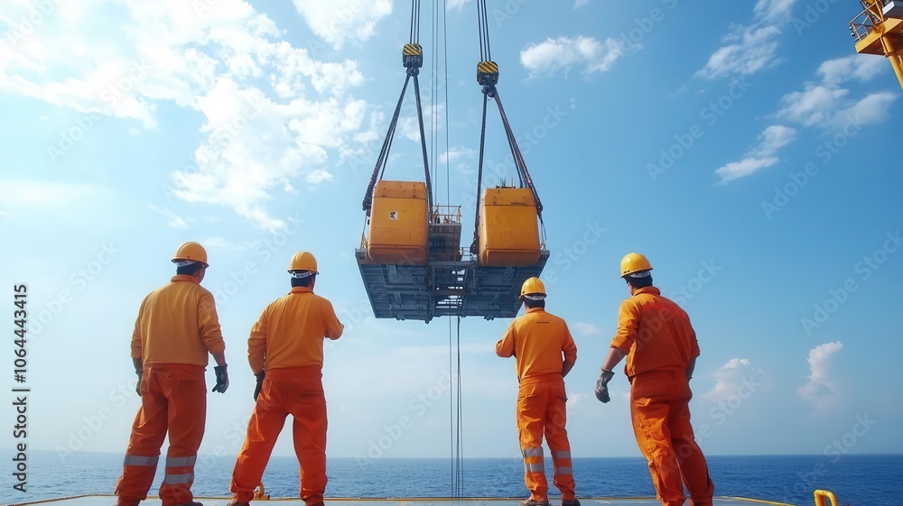 Offshore platform crew operating cranes to lift heavy drilling ...