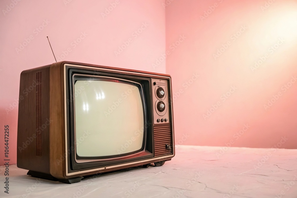 Antique TV with warm glow on soft pastel pink background, vintage tv ...