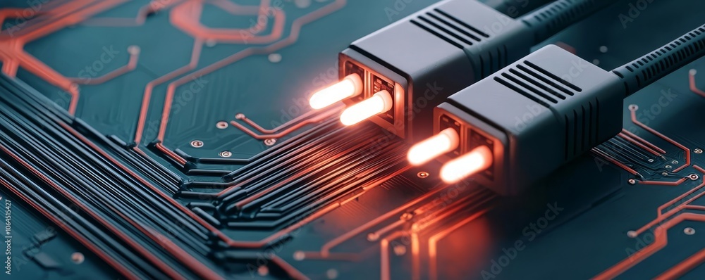 Data transfer cables and switches close-up, glowing softly ...