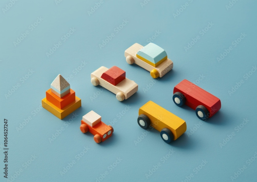colorful wooden toys arranged on a light blue background, featuring ...