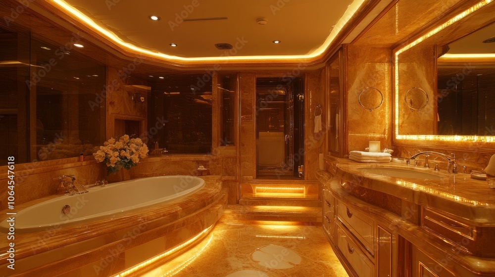 Elegant bathroom with recessed ceiling lighting, hidden LED strips ...