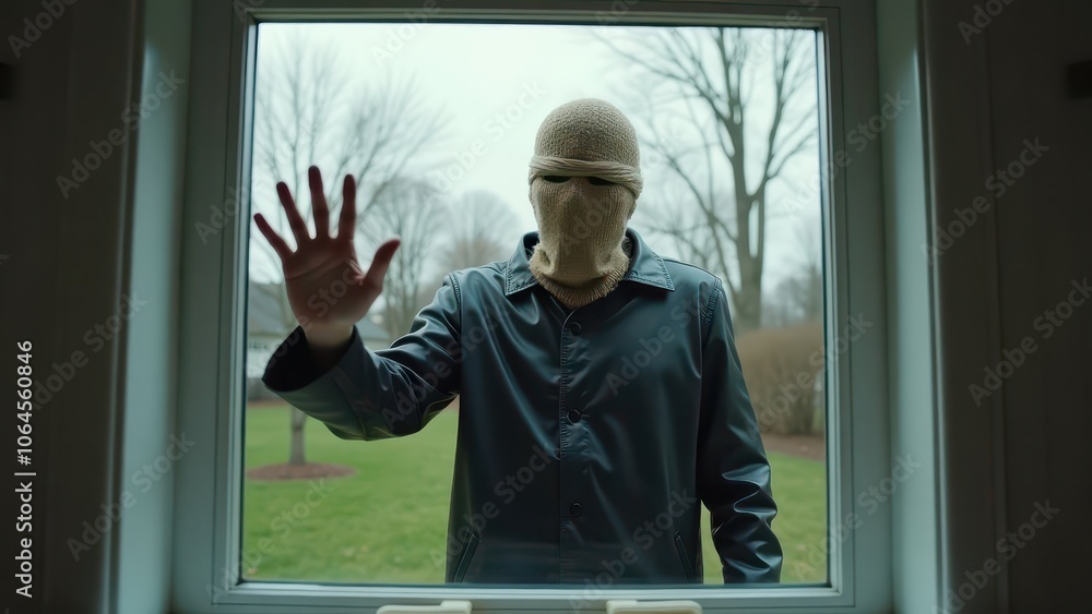 A creepy man outside of the window in the backyard. He is dressed in a ...