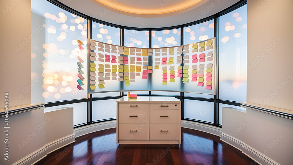 A sleek and modern office space with a breathtaking panoramic window ...