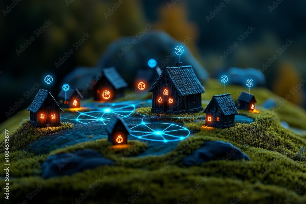 Medieval village map with symbols of decentralized nodes connecting ...