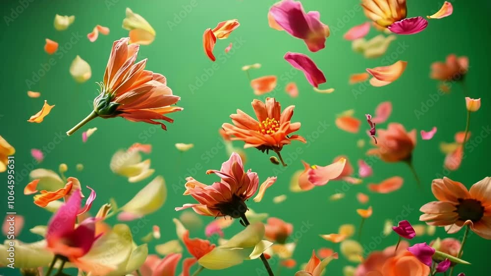 Colorful flower petals and buds are slowly falling on a bright green ...
