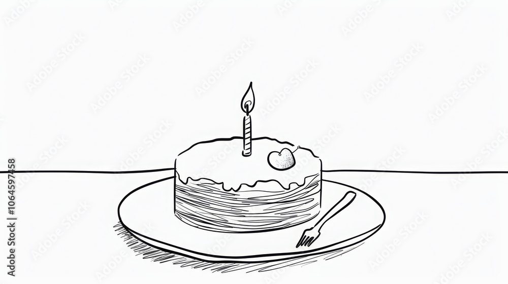 Minimalistic single line drawing of a birthday cake with candle, simple ...