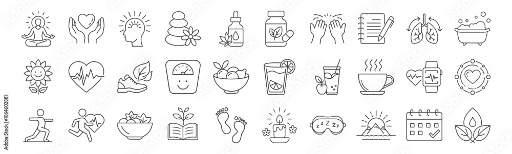 Wellness, Self-Care line icon set. Vector pictograms of mental clarity ...