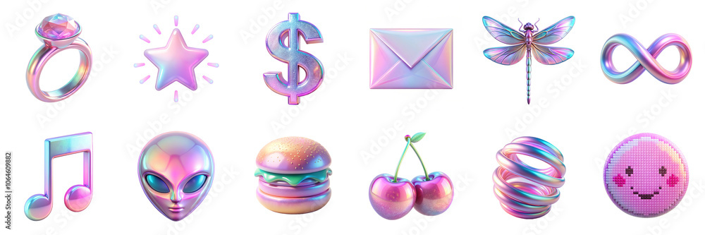Y2K themed holographic icons isolated on transparent background. Ring ...
