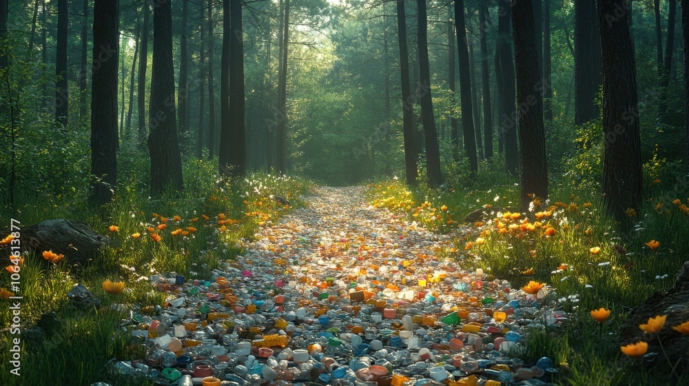 Forest floor covered with plastic waste, such as bottle caps, coffee ...