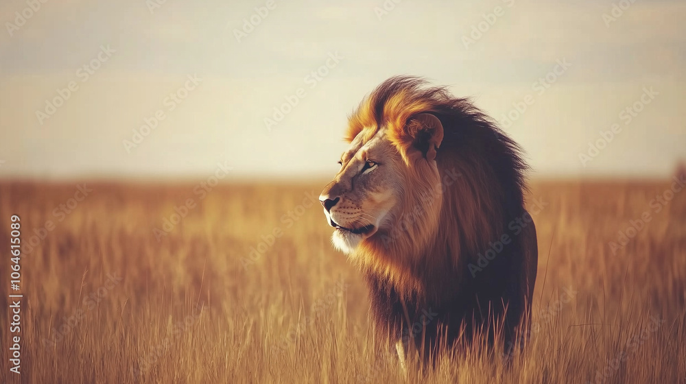 Stately male lion resting under the African sun, embodying strength and ...
